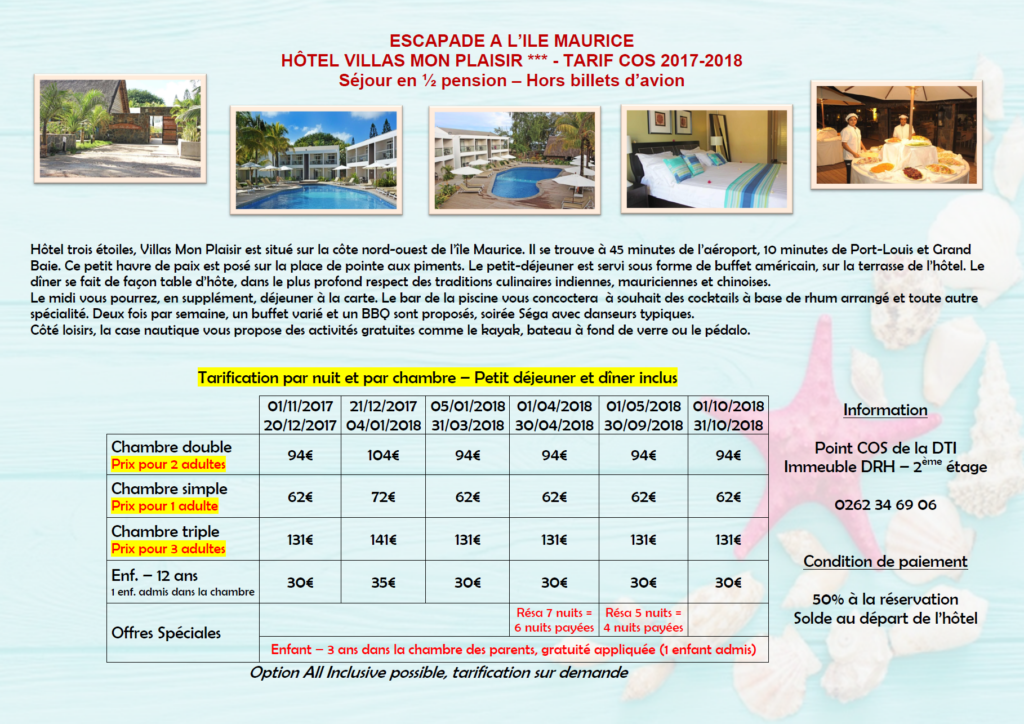 Hotel Villas Mon Plaisir *** – Île Maurice – Tarif COS 2017 / 2018 ...