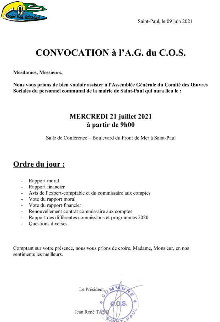 Assemblée Générale du COS le 21 juillet 2021 – COS de Saint-Paul